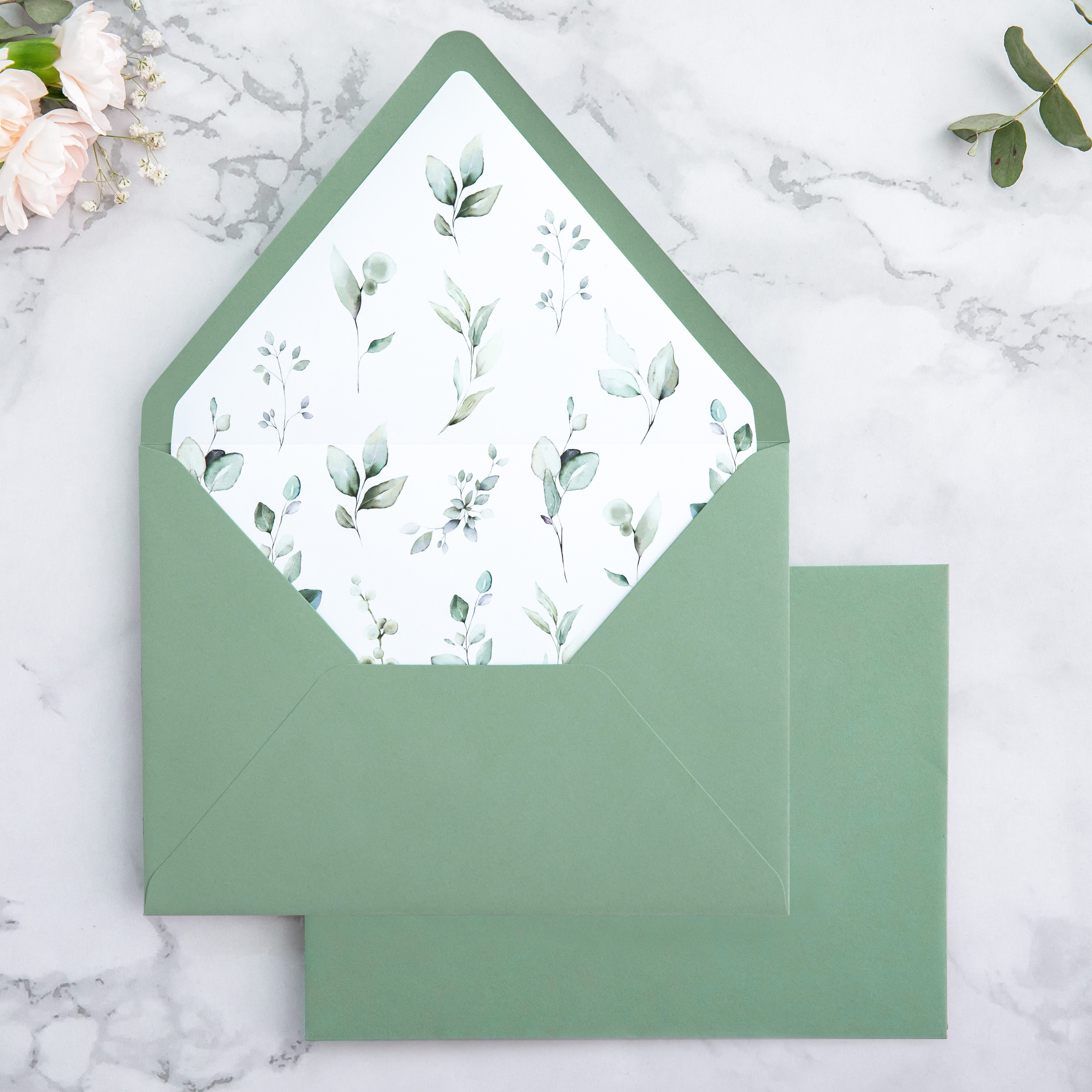 NingsPaper 50 Pieces Sage Green Floral Liner Euro Flap Envelopes for W